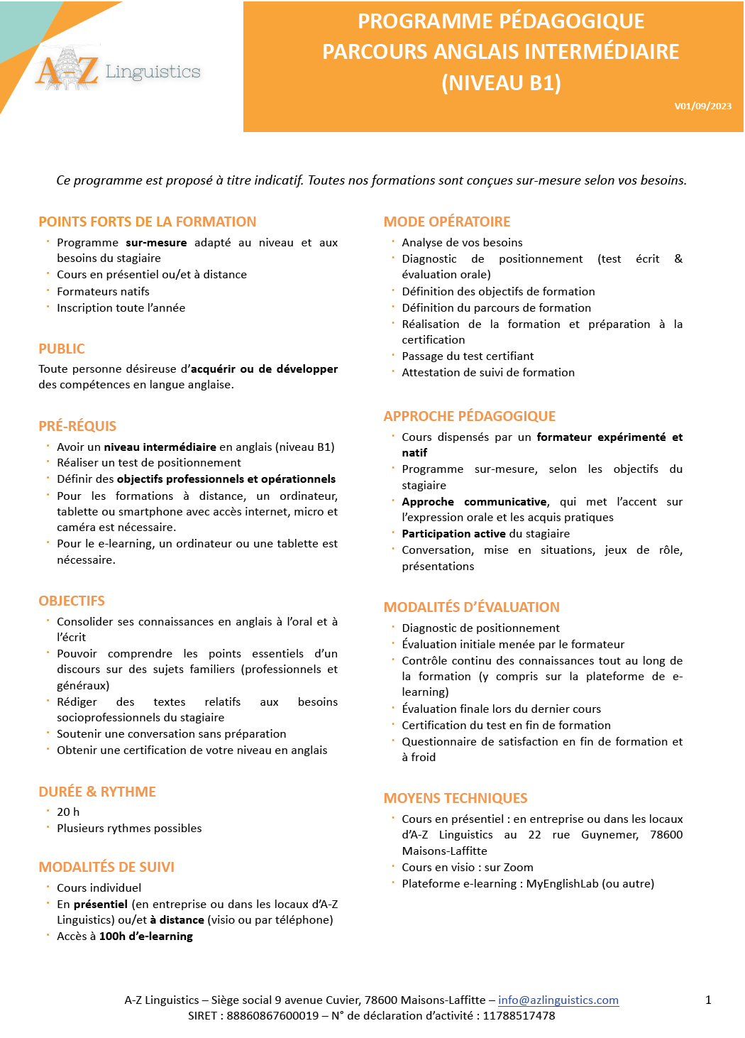 PROGRAMME PÉDAGOGIQUE – PARCOURS B1 – A-Z Linguistics